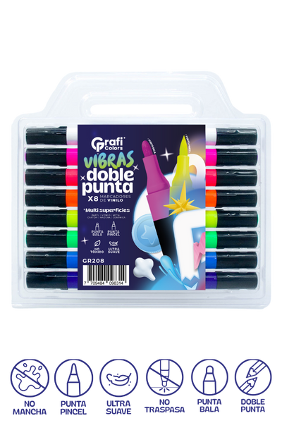 Marcador De Vinilo Grafi Colors Doble Punta Neón x 8 Unidades